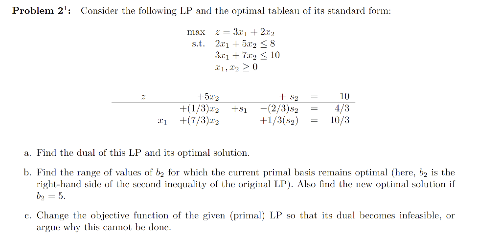 Solved Problem 21: Consider the following LP and the optimal | Chegg.com