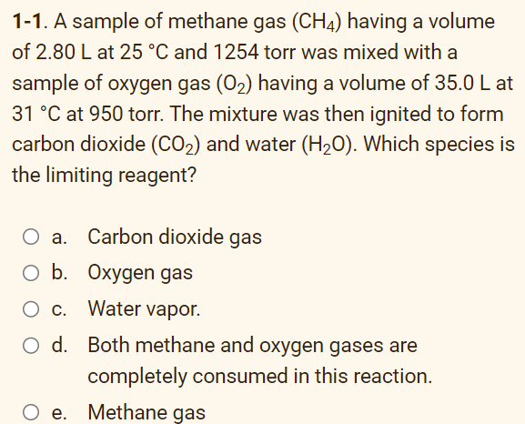 Solved 1-1. A sample of methane gas (CH4) having a volume of | Chegg.com