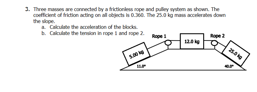 Solved 3. ﻿Three masses are connected by a frictionless rope | Chegg.com