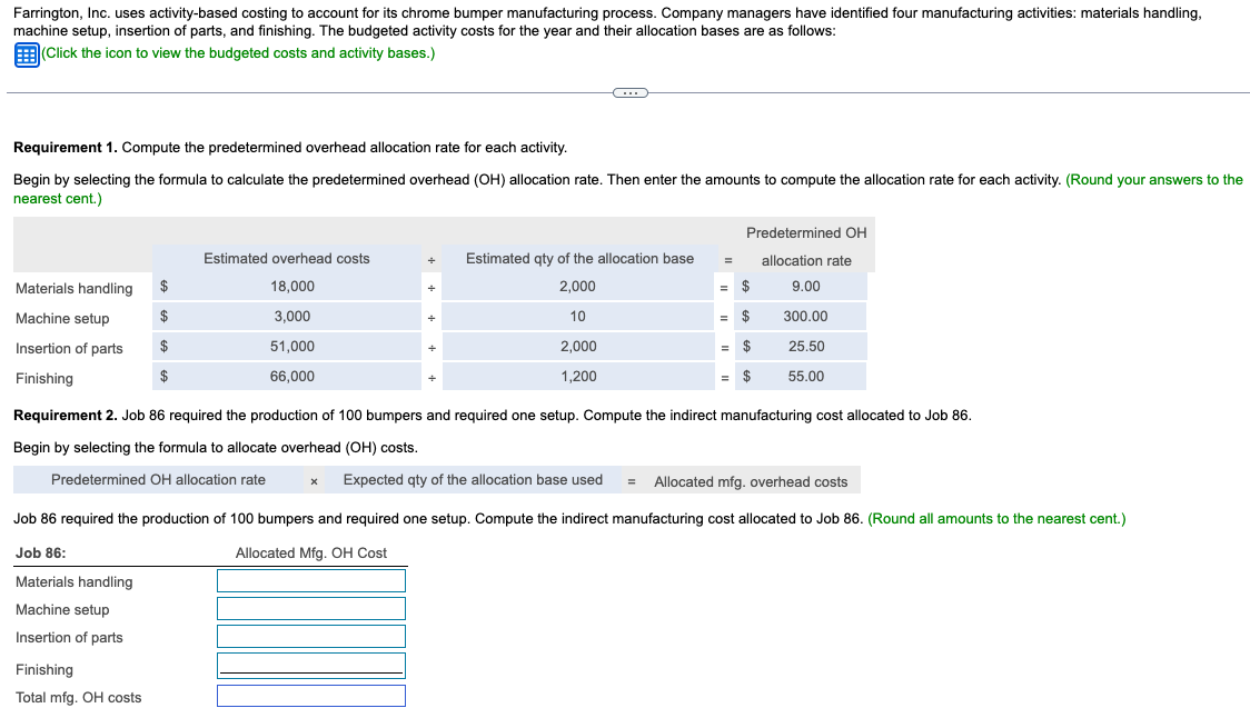 Solved Farrington, Inc. uses activity-based costing to | Chegg.com Solved Farrington, Inc. uses activity-based costing to | Chegg.com
