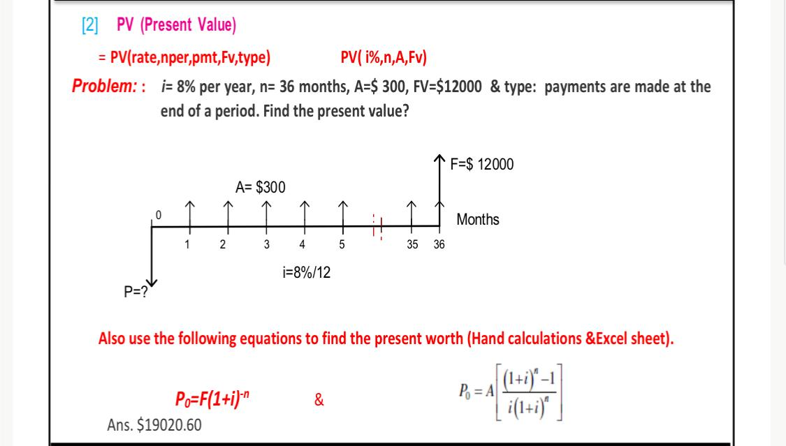 Solved [2] PV (Present Value) = PV(rate,nper,pmt, Fv,type) | Chegg.com
