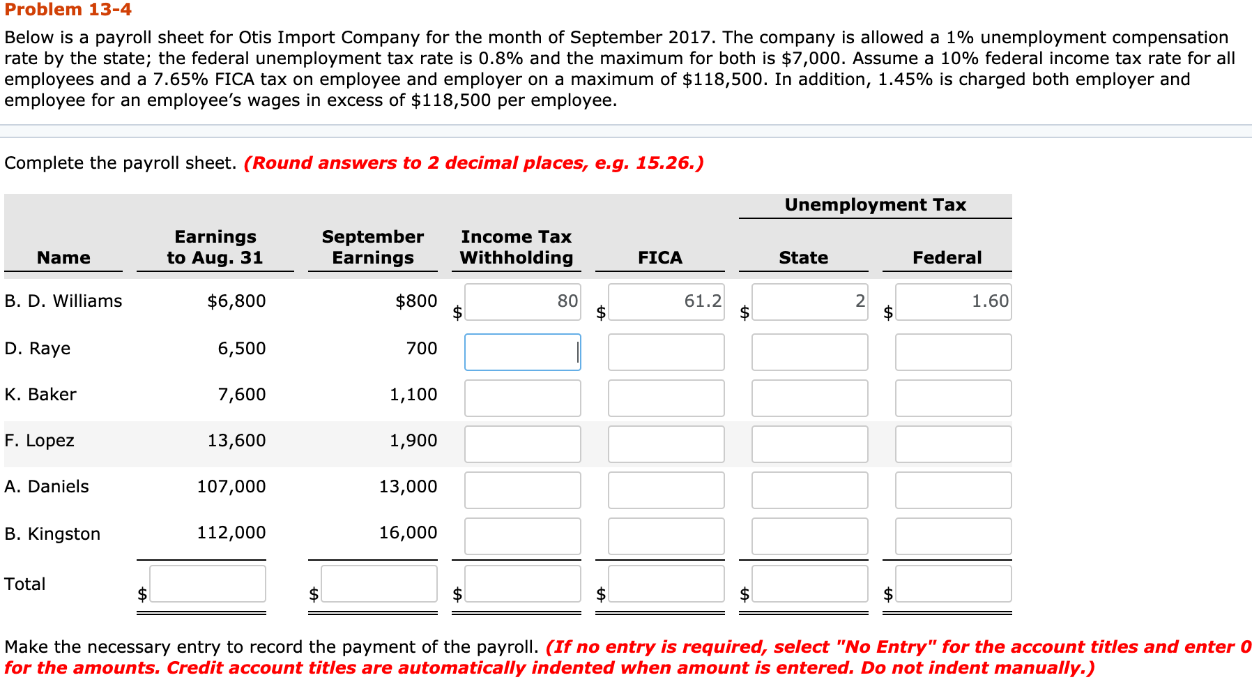 Solved Problem 13-4 Below is a payroll sheet for Otis Import | Chegg.com