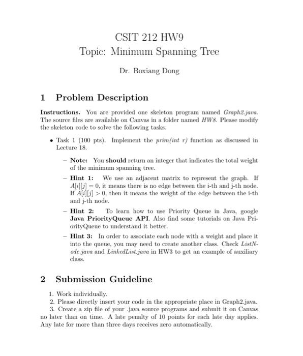 Solved Csit 212 Hw9 Topic Minimum Spanning Tree Dr Boxiang 