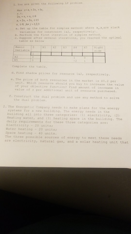 Solved 1. You are given the following LP problem x, +2x, | Chegg.com
