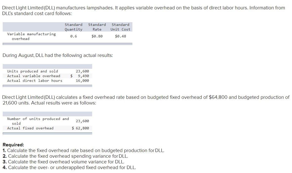 Solved Direct Light Limited (DLL) manufactures lampshades. | Chegg.com