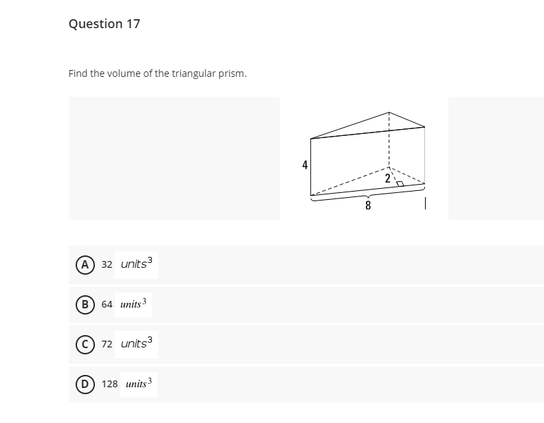 Solved Question 17 Find the volume of the triangular prism. | Chegg.com