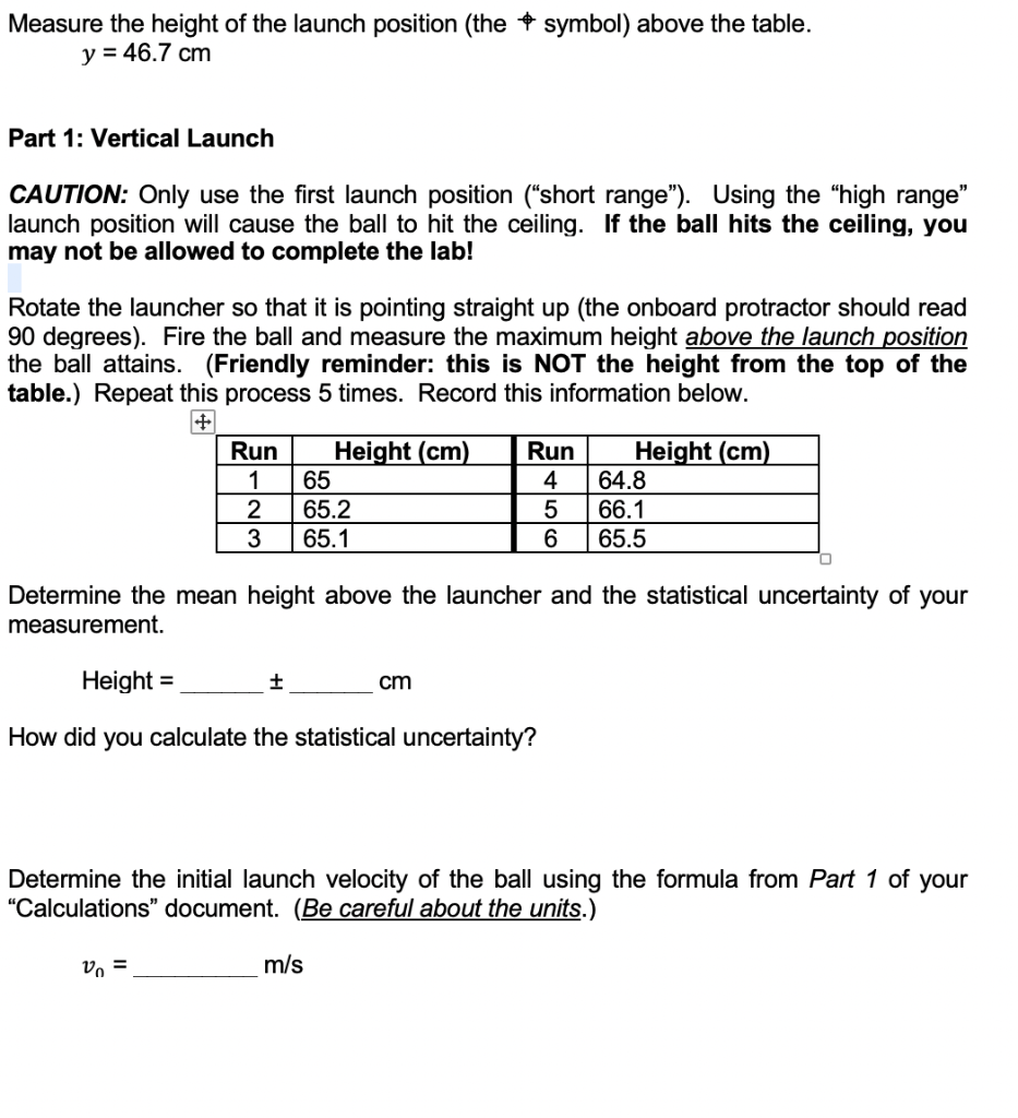 Solved Measure the height of the launch position (the | Chegg.com