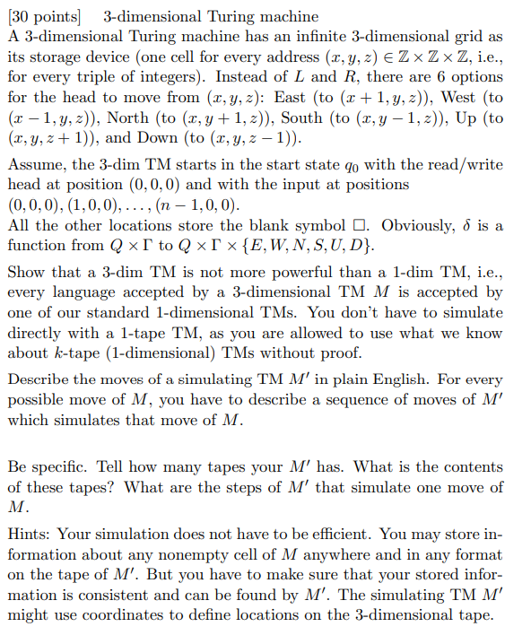 Solved [30 points] 3-dimensional Turing machine A | Chegg.com