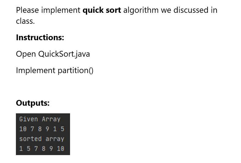Solved Please implement quick sort algorithm we discussed in | Chegg.com