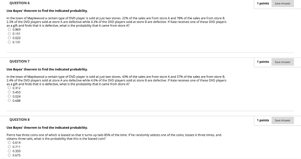 Solved QUESTION 6 1 points Save Answer Use Bayes' theorem to | Chegg.com | Chegg.com