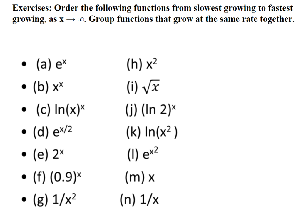 Solved Exercises: Order the following functions from slowest | Chegg.com