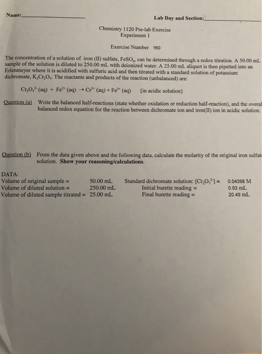 Solved Name: Lab Day and Section: Chemistry 1120 Pre-lab | Chegg.com