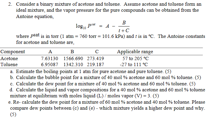 Solved 2. Consider a binary mixture of acetone and toluene. | Chegg.com