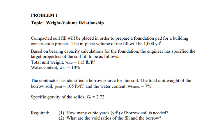 Solved PROBLEM 1 Topic: Weight-Volume Relationship Compacted | Chegg.com