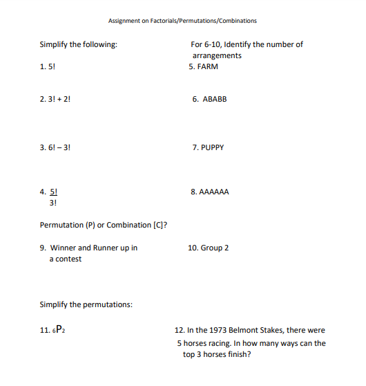 Solved Assignment on Factorials/Permutations/Combinations | Chegg.com