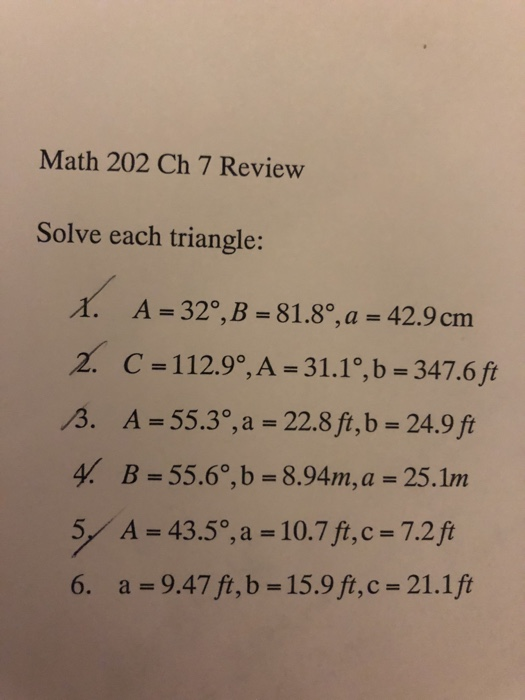 Solved Math 202 Ch 7 Review Solve each triangle: x( A = 32°, | Chegg.com