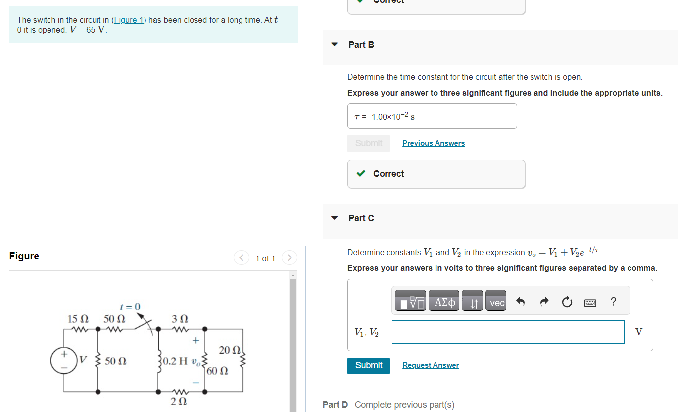 Solved The switch in the circuit in (Figure 1) has been | Chegg.com