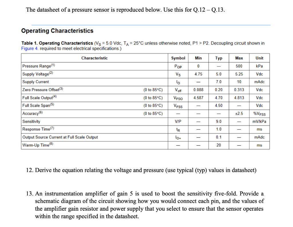 Solved The datasheet of a pressure sensor is reproduced | Chegg.com