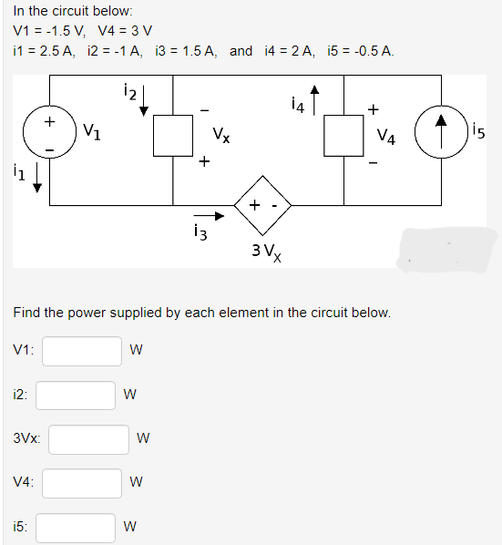 Solved In the circuit below: V1=−1.5 V, V4=3 V i1=2.5 | Chegg.com