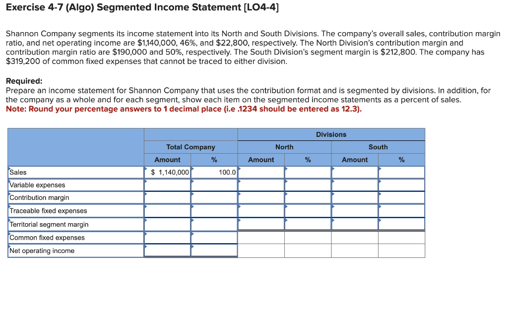 Solved Exercise 4-7 (Algo) Segmented Income Statement | Chegg.com