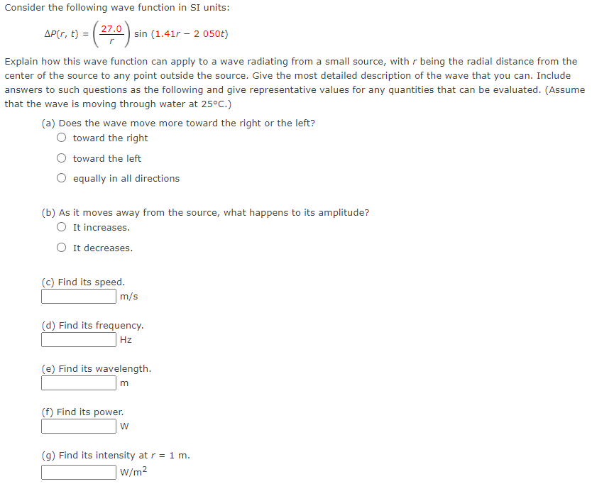 Solved Consider the following wave function in SI units: | Chegg.com