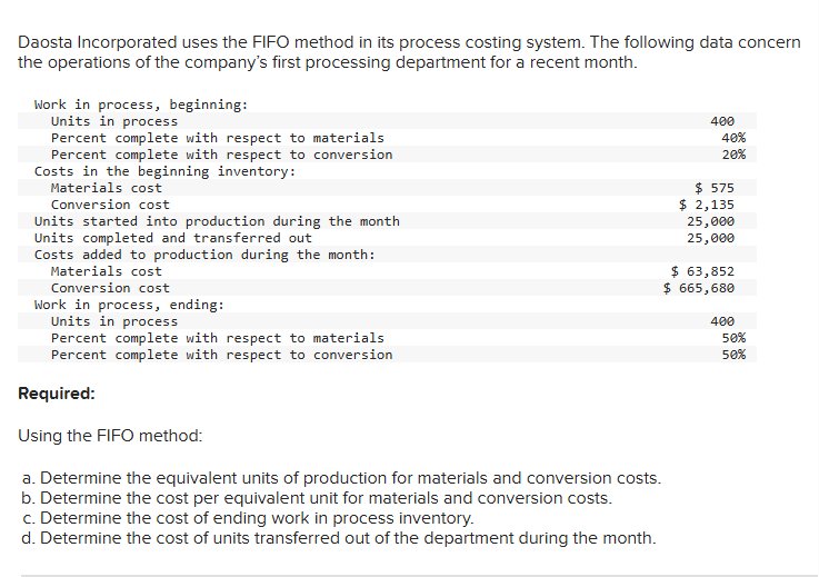 Solved Daosta Incorporated uses the FIFO method in its | Chegg.com