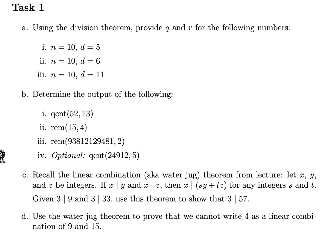Solved a. Using the division theorem, provide q and r for | Chegg.com
