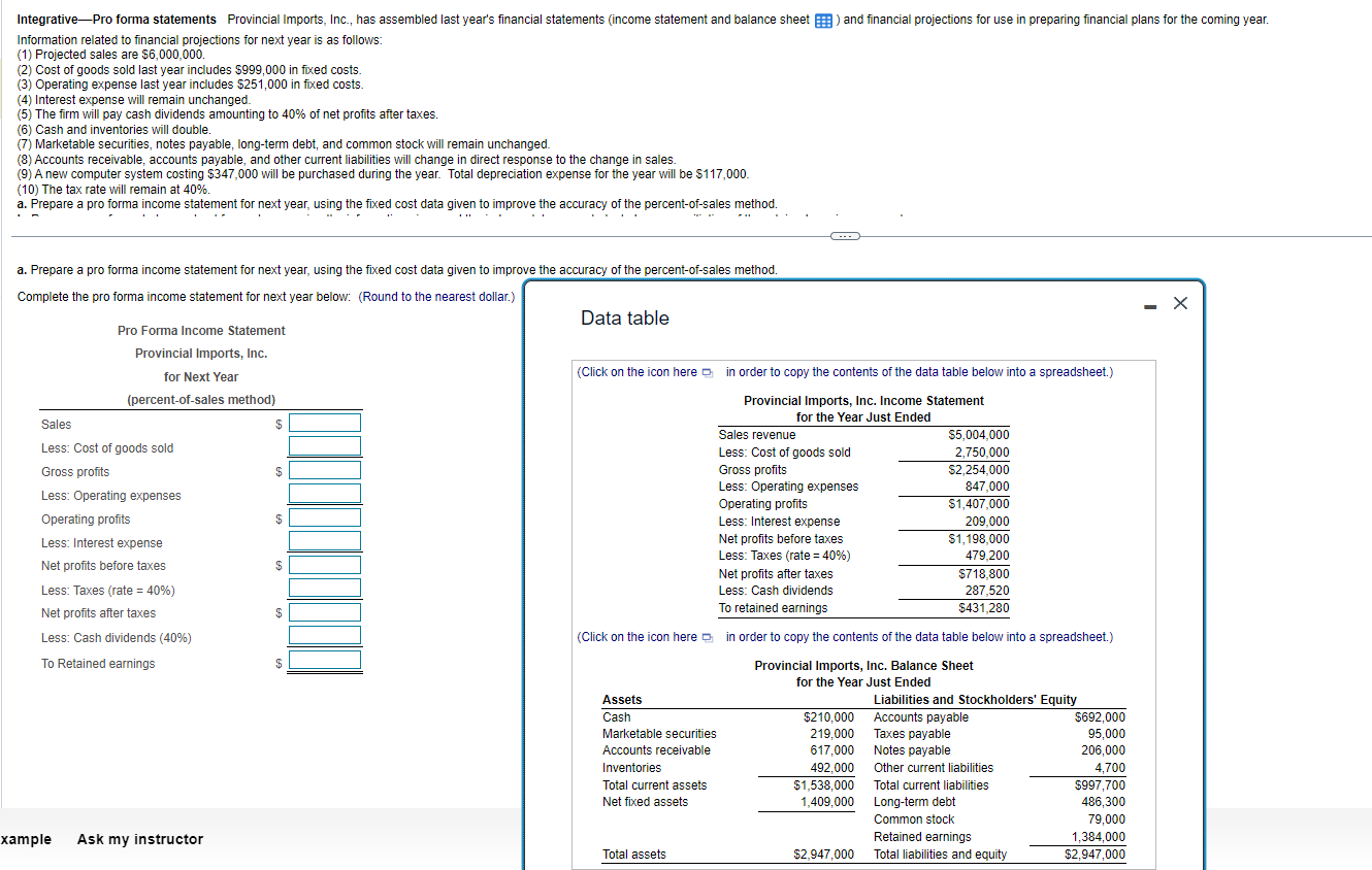 Solved Information related to financial projections for next | Chegg.com