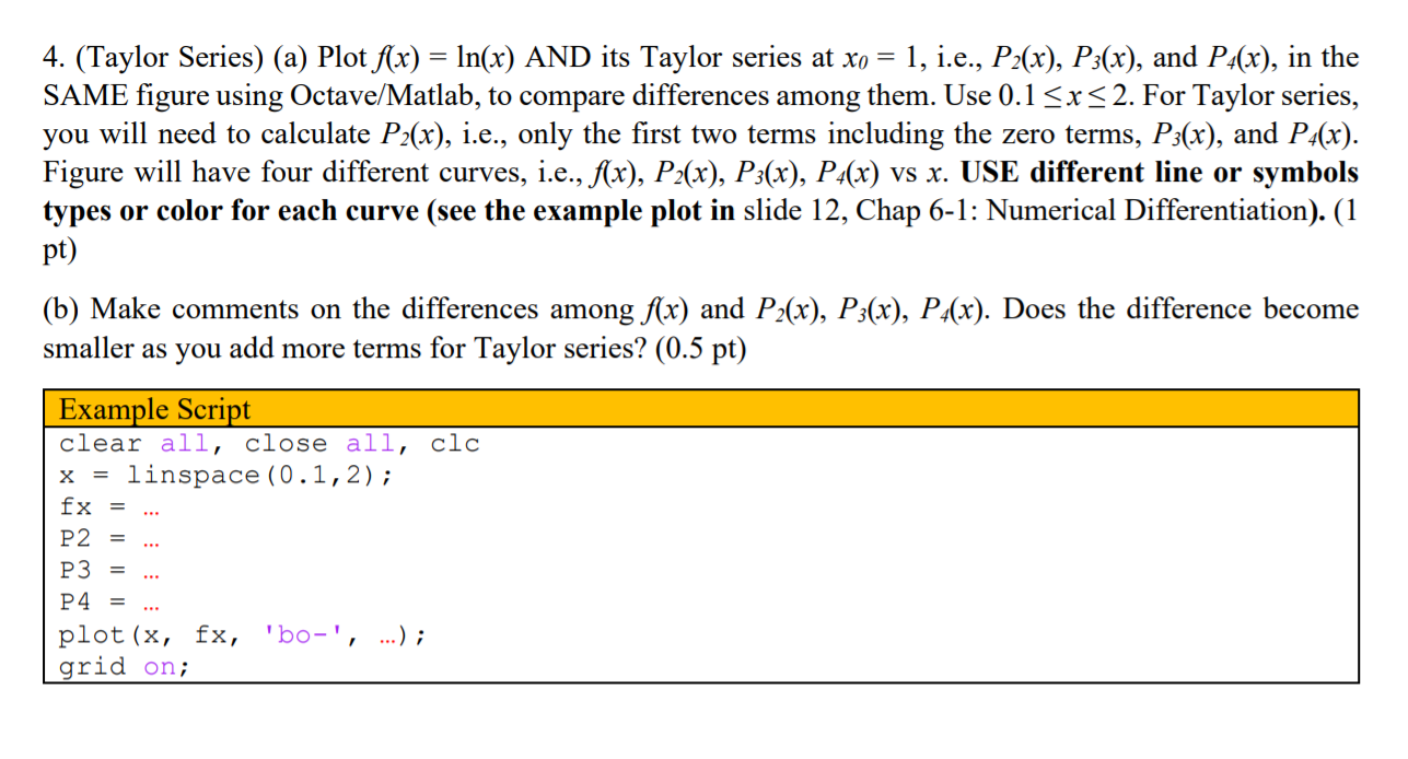 = 4. (Taylor Series) (a) Plot f(x) = ln(x) AND its | Chegg.com