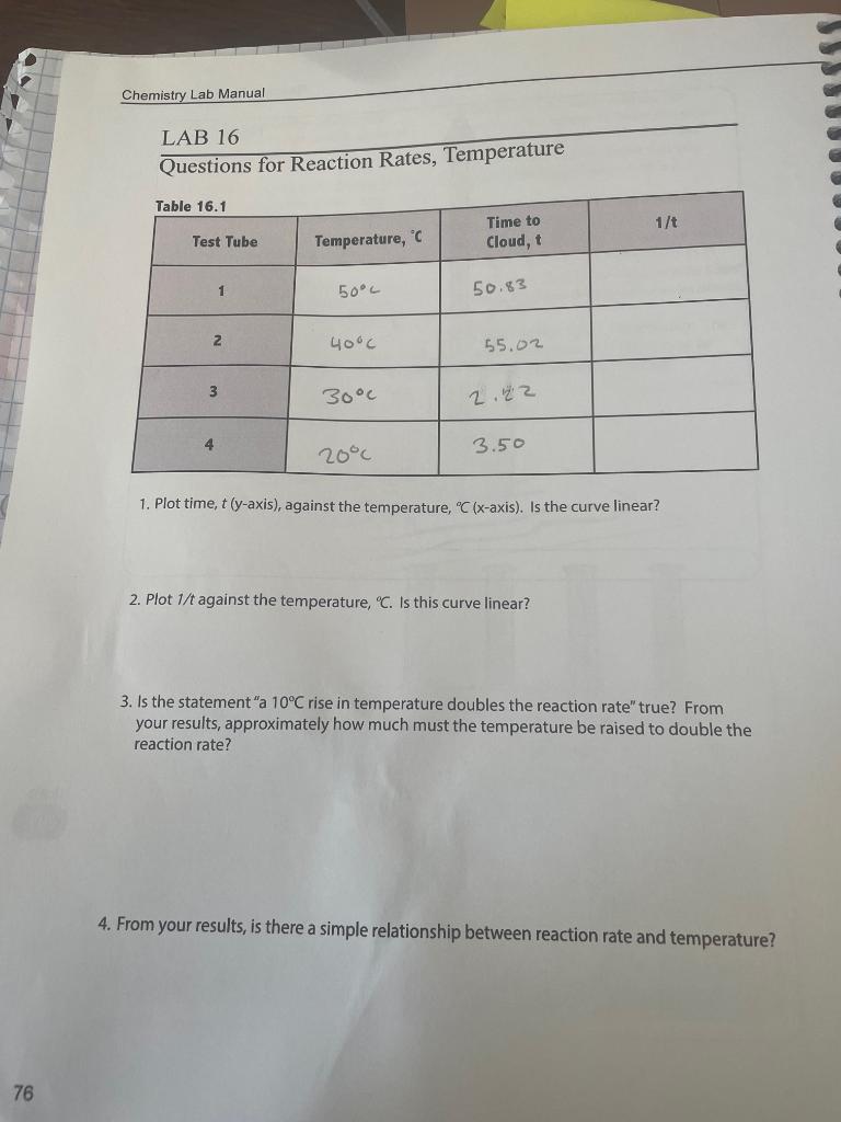 Solved LAB 16 Questions for Reaction Rates, Temperature 1. | Chegg.com