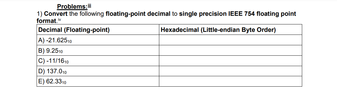 Solved Problems: iii 1) Convert the following floating-point | Chegg.com