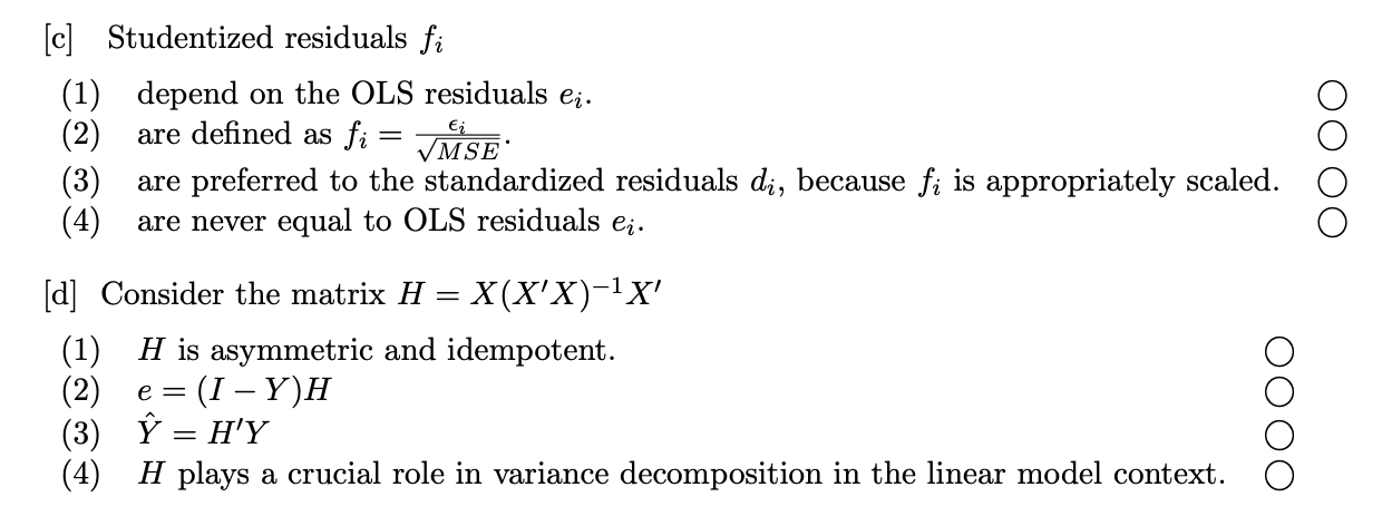 Solved [c] Studentized residuals fi (1) depend on the OLS | Chegg.com
