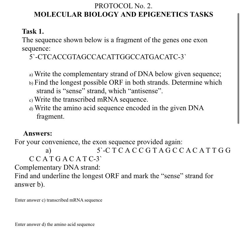 Solved MOLECULAR BIOLOGY AND EPIGENETICS TASKS Task 1. The | Chegg.com