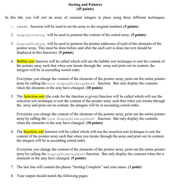 Solved Sorting and Pointers (45 points) In this lab, you | Chegg.com