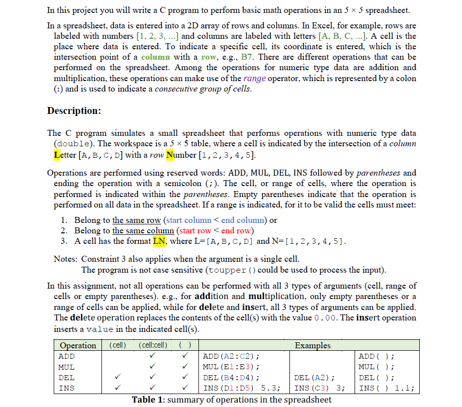 Solved In this project you will write a C program to perform | Chegg.com