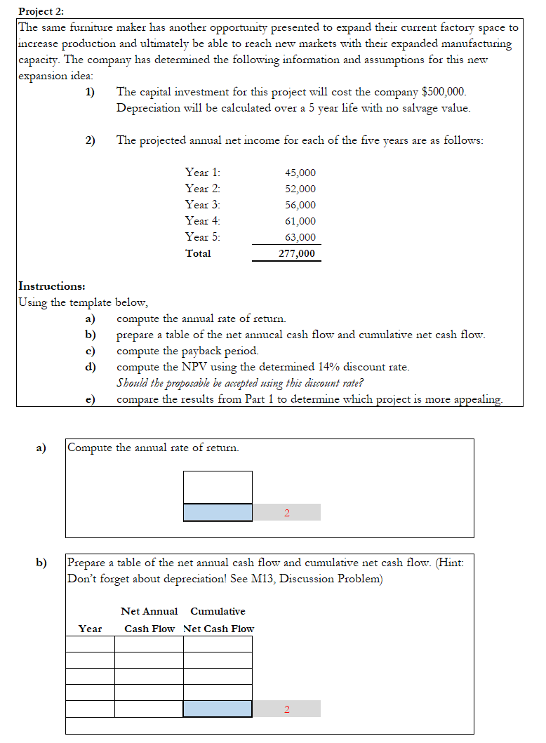Solved Project 2: The same furniture maker has another | Chegg.com