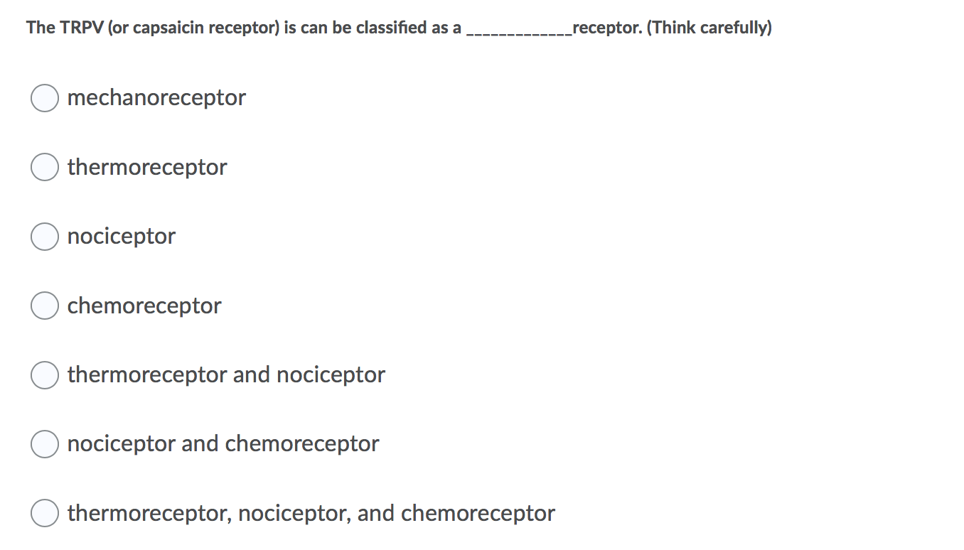 Solved The TRPV (or capsaicin receptor) is can be classified | Chegg.com