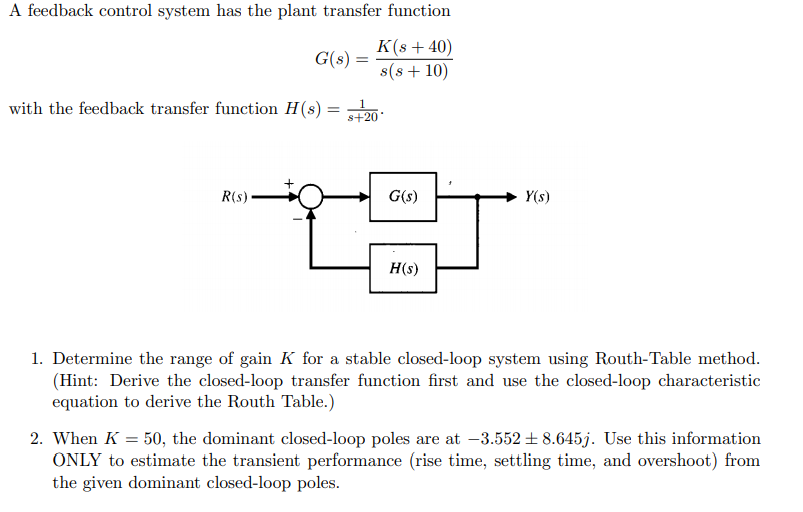 Solved A feedback control system has the plant transfer | Chegg.com