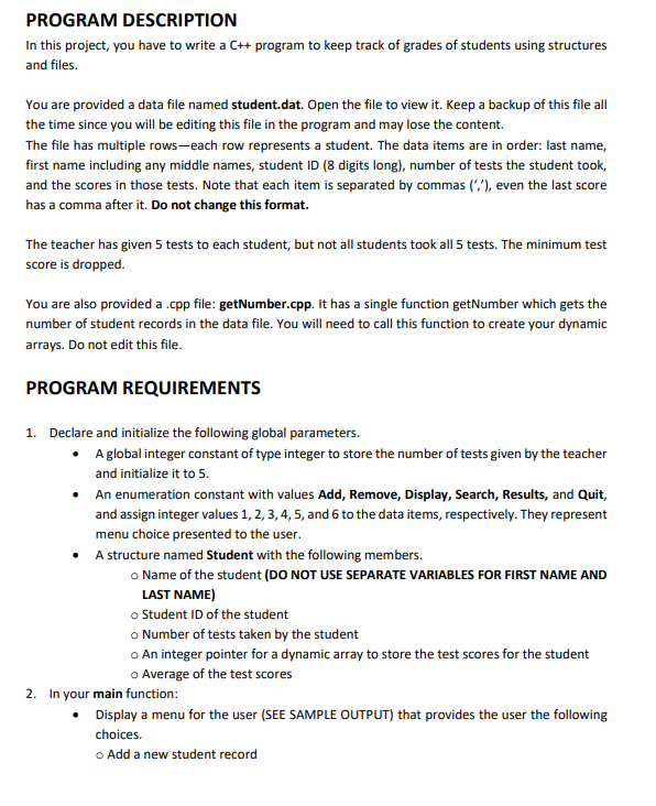 Solved PROGRAM DESCRIPTION In this project, you have to | Chegg.com