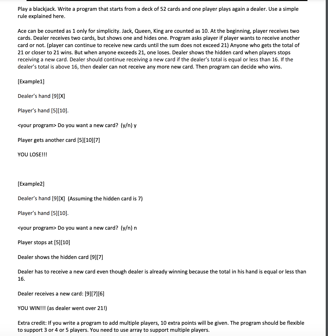 Play a blackjack. Write a program that starts from a | Chegg.com