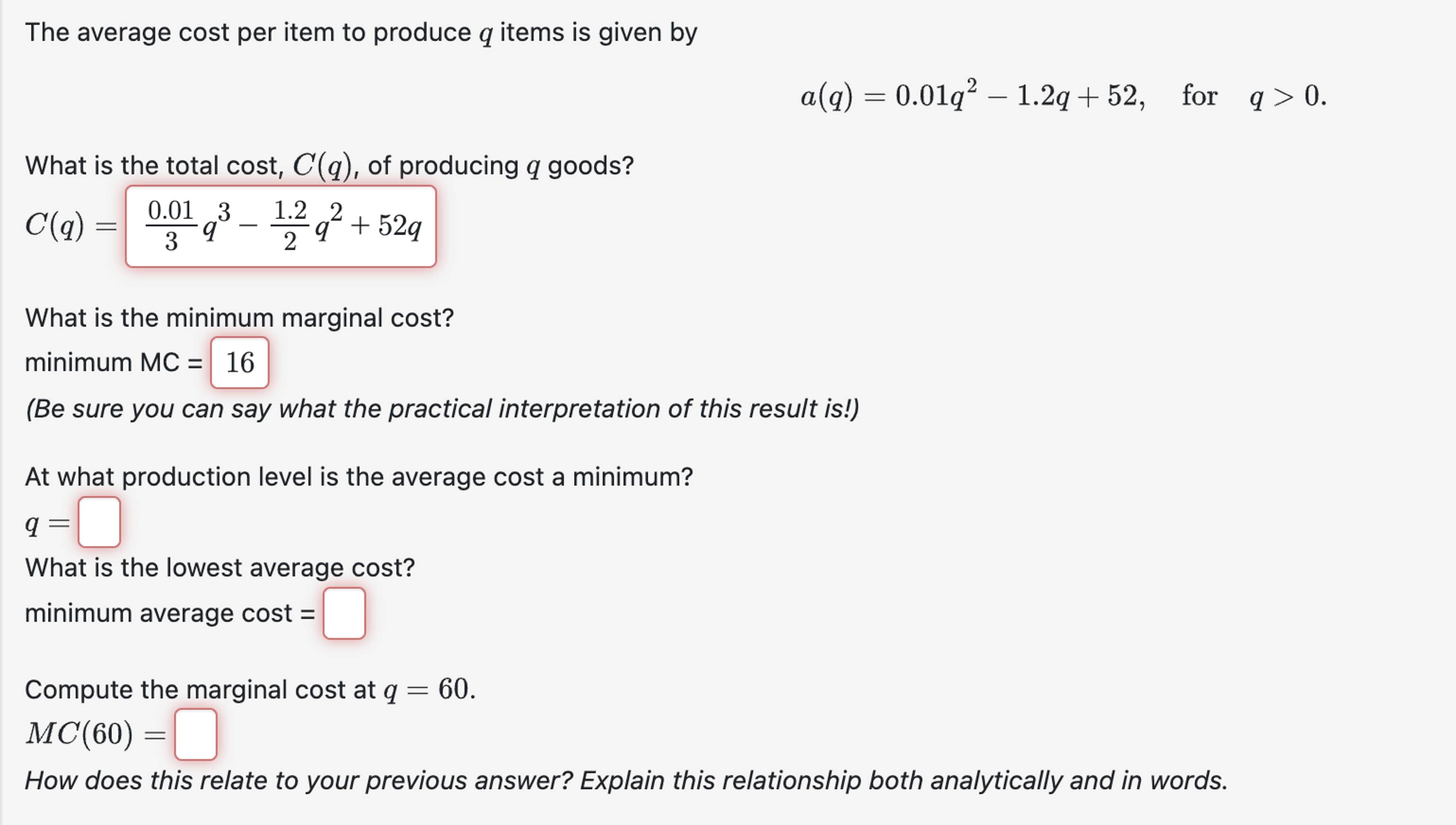 Solved The average cost per item to produce q ﻿items is | Chegg.com
