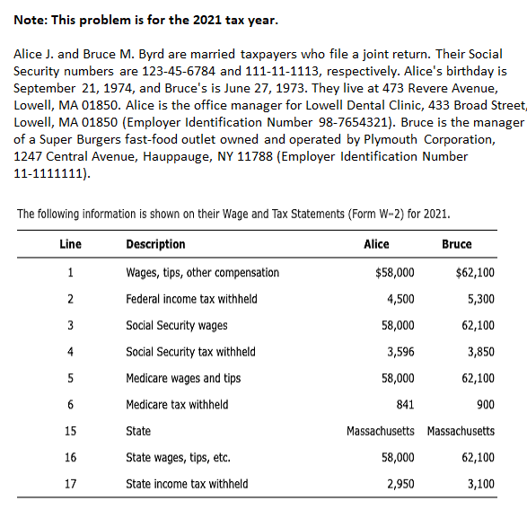 Note: This problem is for the 2021 tax year. Alice J. | Chegg.com