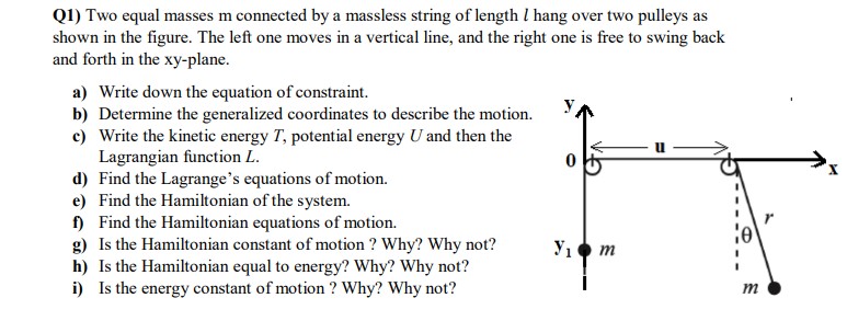 Solved Q1) Two equal masses m connected by a massless string | Chegg.com