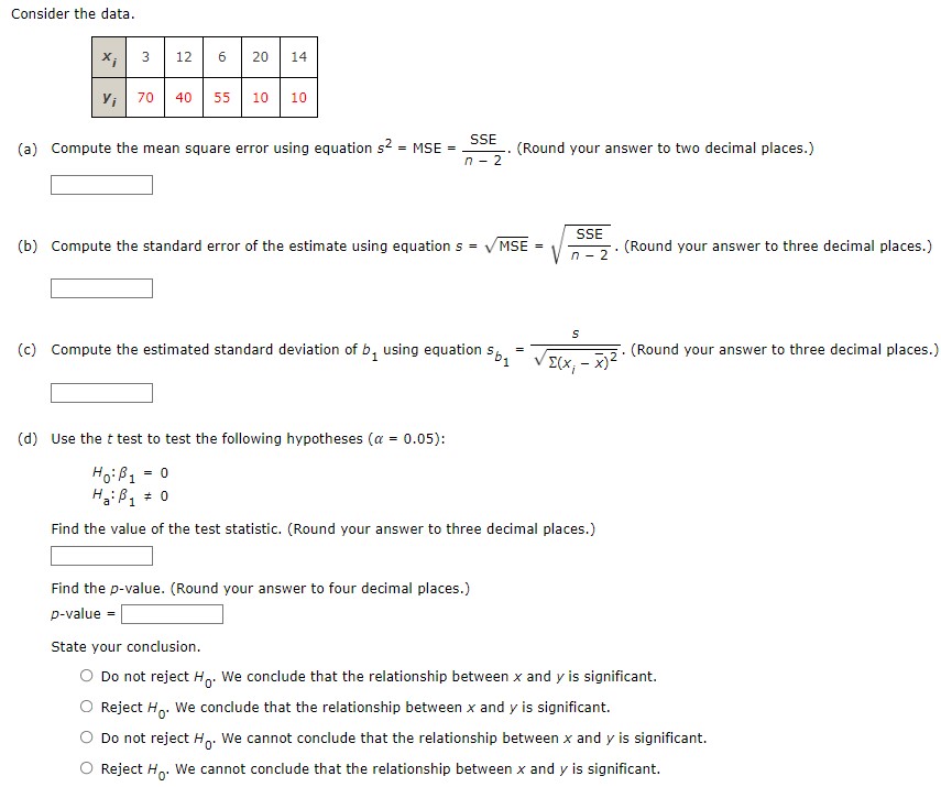 Solved Consider the data.(a) ﻿Compute the mean square error | Chegg.com