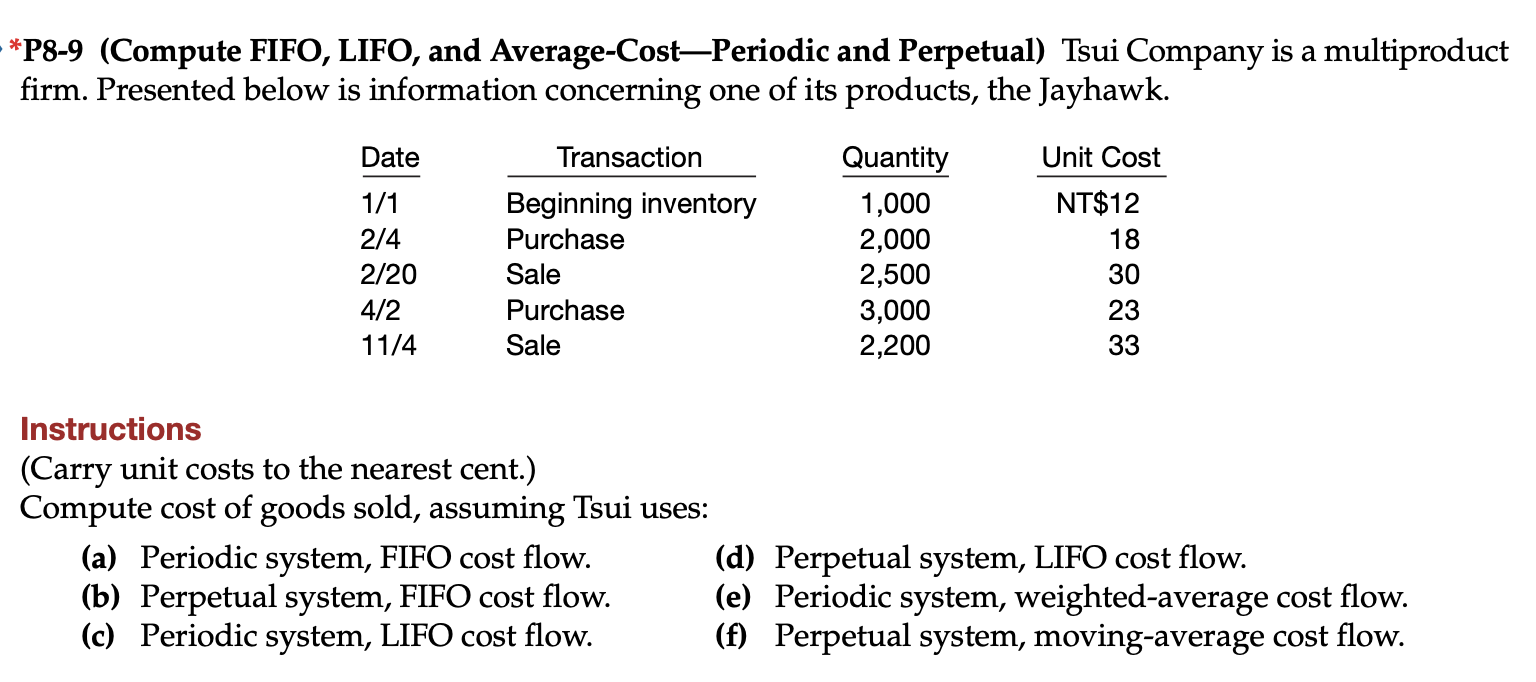 Solved *P8-9 (Compute FIFO, LIFO, and Average-Cost-Periodic | Chegg.com