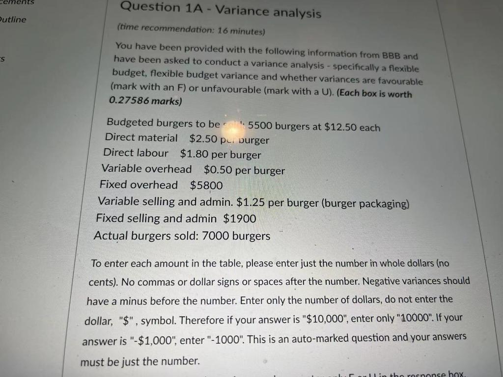 Solved cements Outline S Question 1A - Variance analysis | Chegg.com