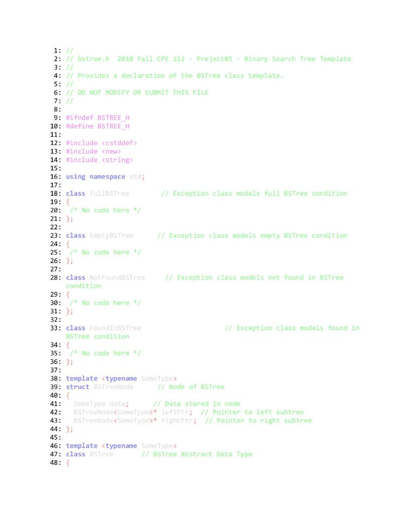 Help writing the .cpp file C++ the bstree.cpp All | Chegg.com