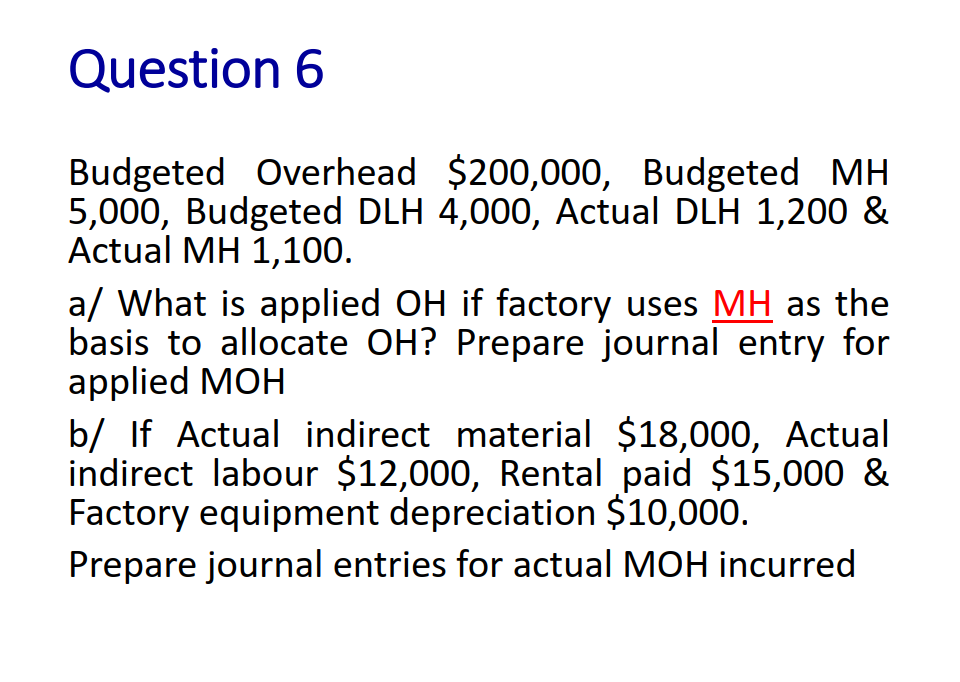 Solved Budgeted OH $200,000, Bud MH 5,000, Bud DLH 4,000, | Chegg.com
