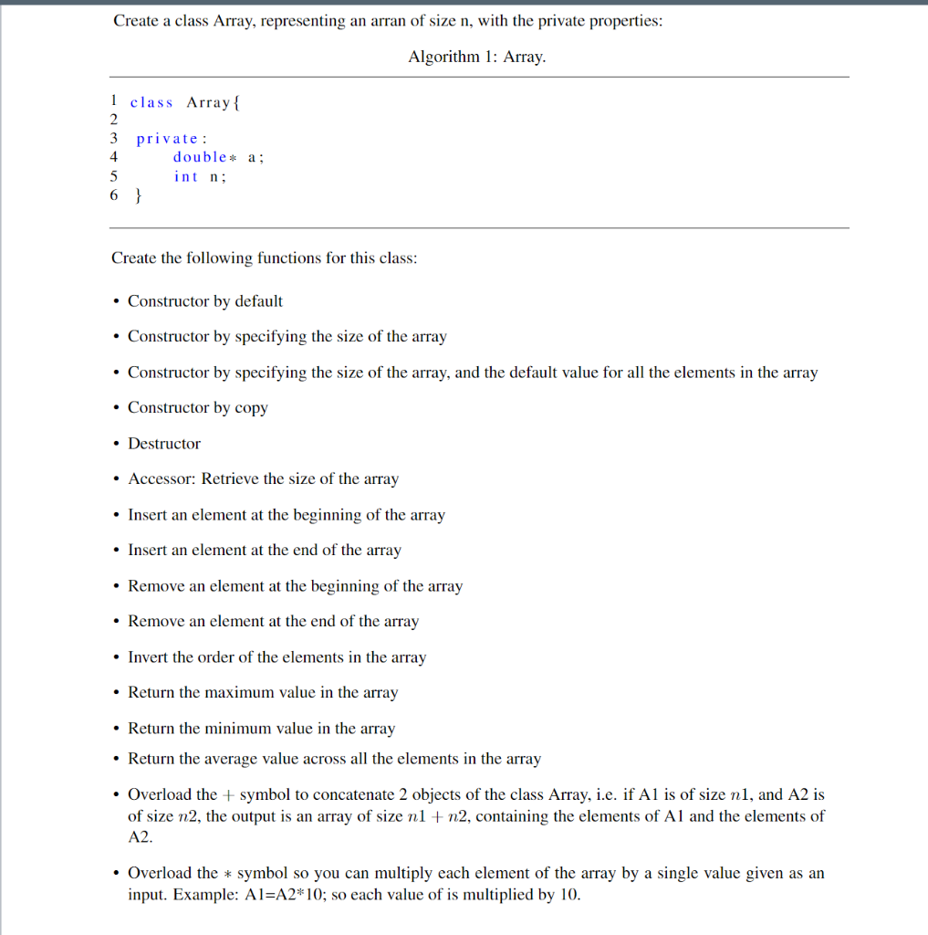 Solved Create a class Array, representing an arran of size | Chegg.com
