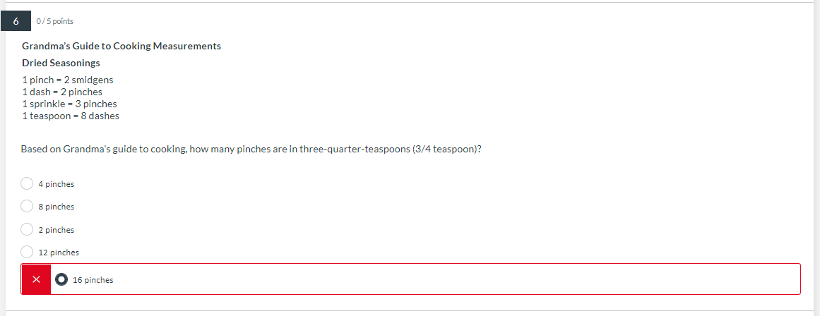 Solved 6 0/5 points Grandma's Guide to Cooking Measurements | Chegg.com